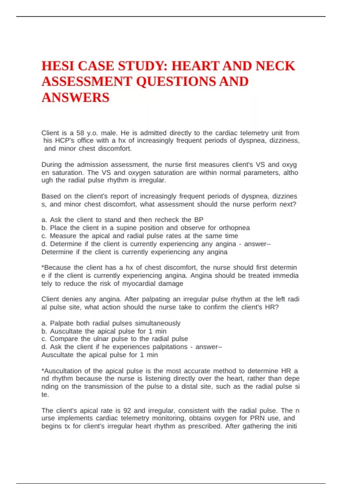 HESI CASE STUDY: HEART AND NECK ASSESSMENT QUESTIONS AND ANSWERS ...