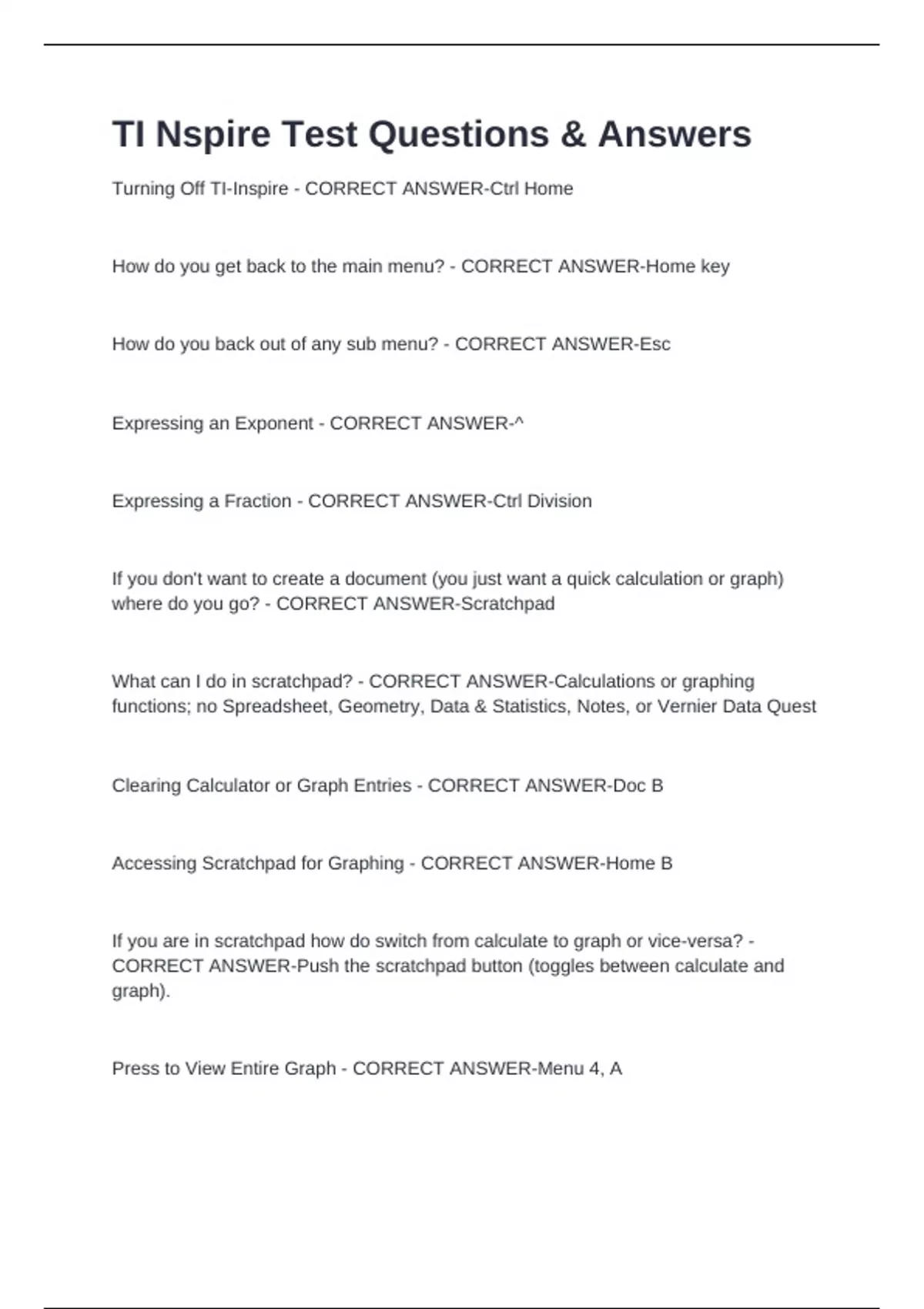 TI Nspire Test Questions & Answers - TI Nspire - Stuvia US