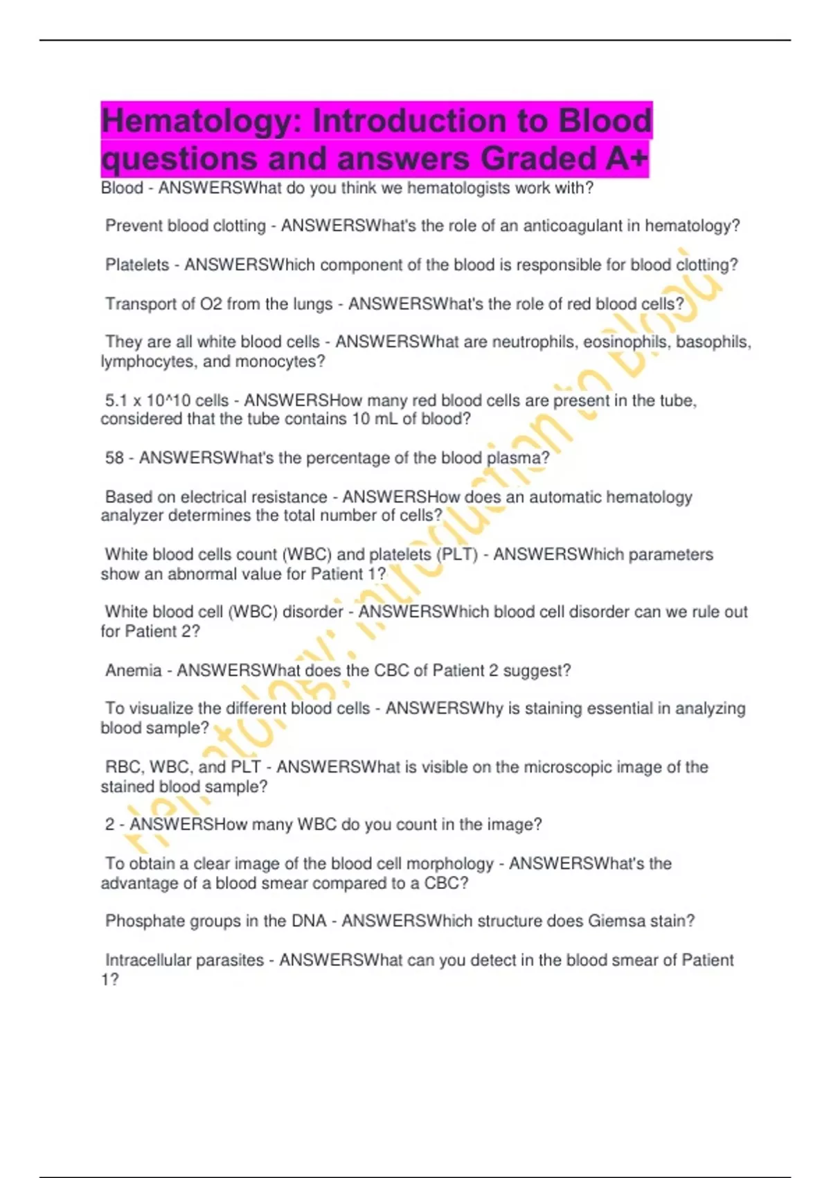 Hematology: Introduction to Blood questions and answers Graded A+ ...