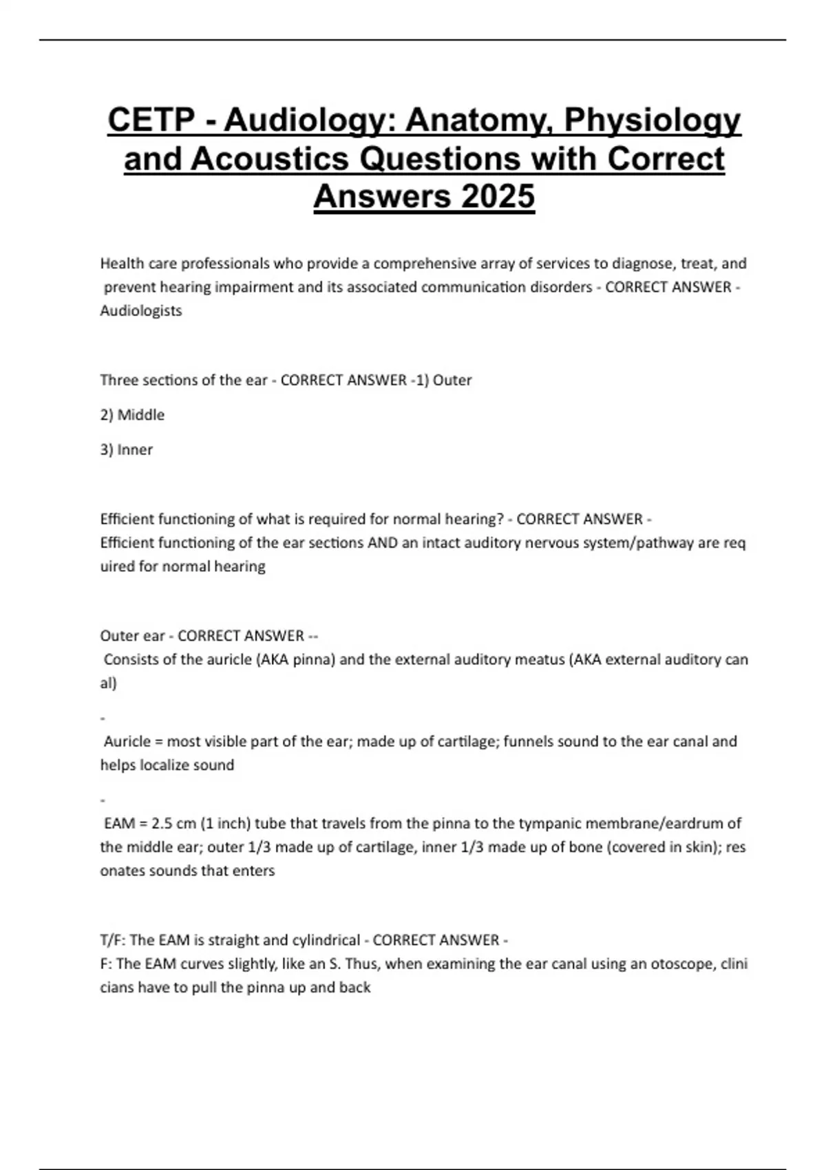 CETP Audiology: Anatomy, Physiology and Acoustics Questions with ...