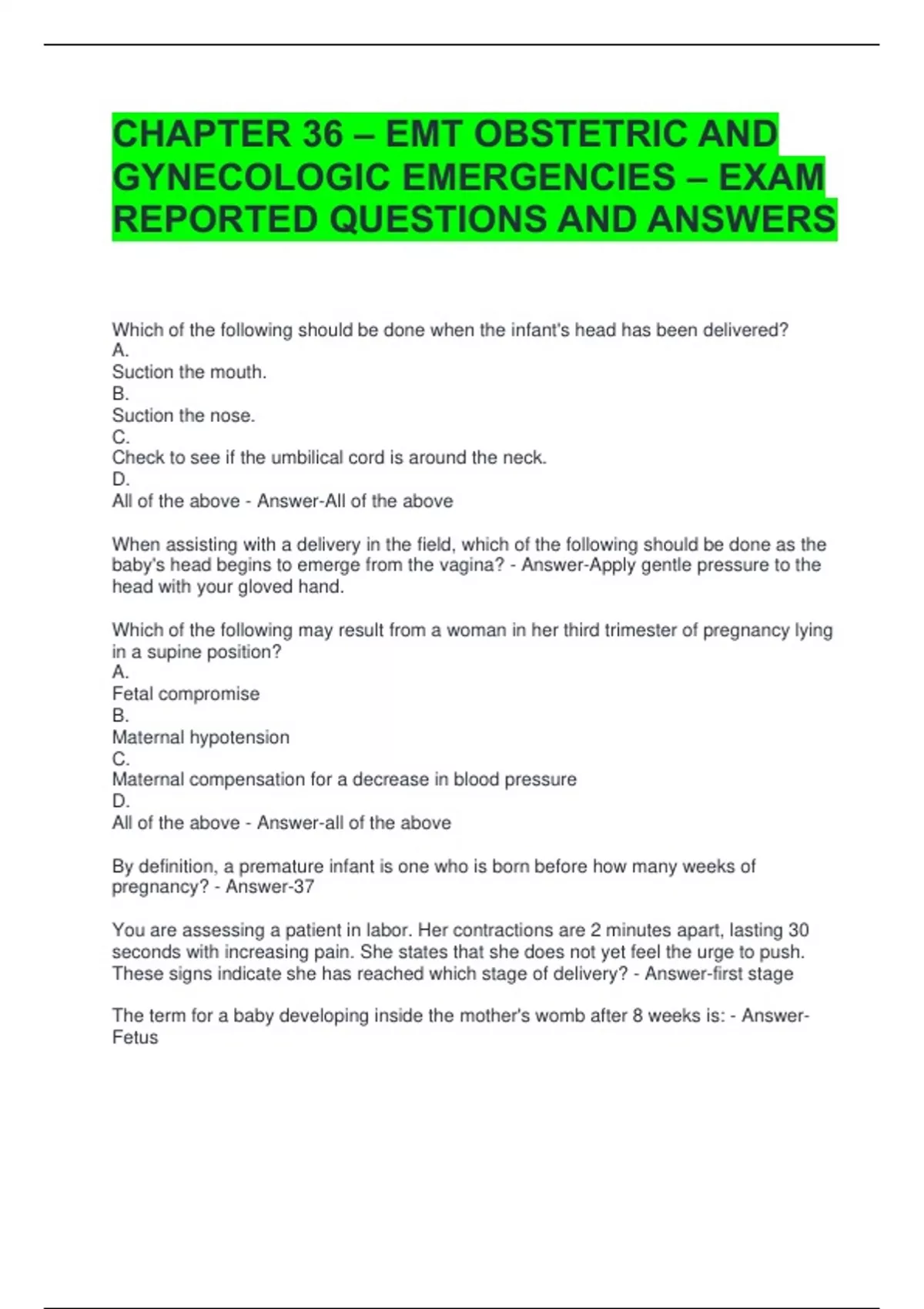 CHAPTER 36 – EMT OBSTETRIC AND GYNECOLOGIC EMERGENCIES – EXAM REPORTED ...