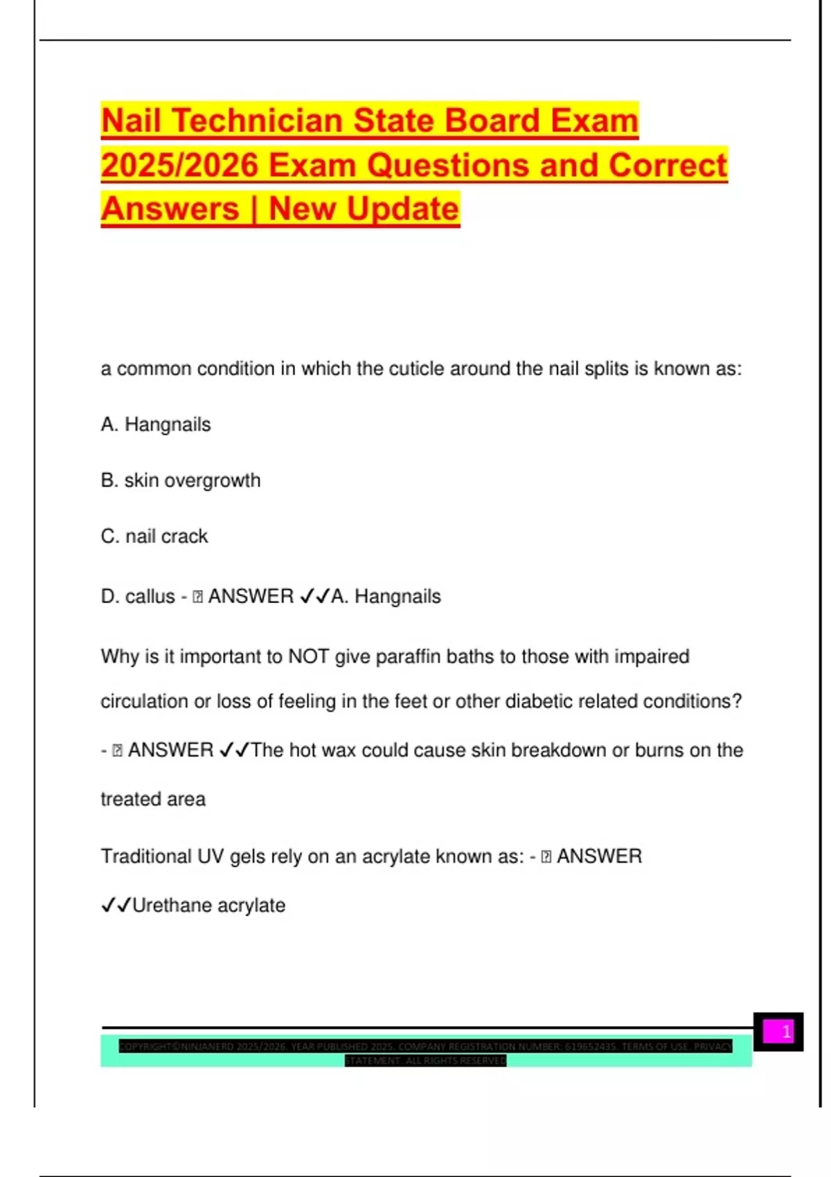 Nail Technician State Board Exam 2025/2026 Exam Questions and Correct ...