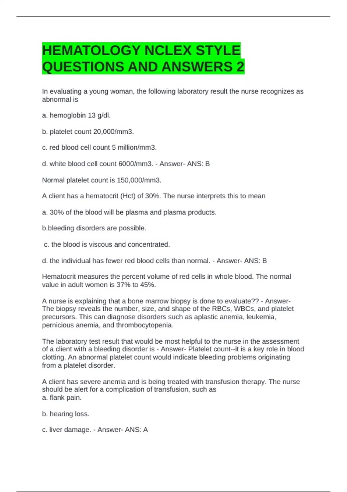 HEMATOLOGY NCLEX STYLE QUESTIONS AND ANSWERS 2 - HEMATOLOGY NCLEX STYLE ...