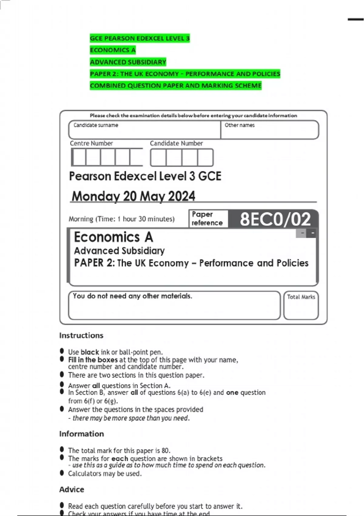 GCE PEARSON EDEXCEL LEVEL 3 ECONOMICS A ADVANCED SUBSIDIARY PAPER 2 ...