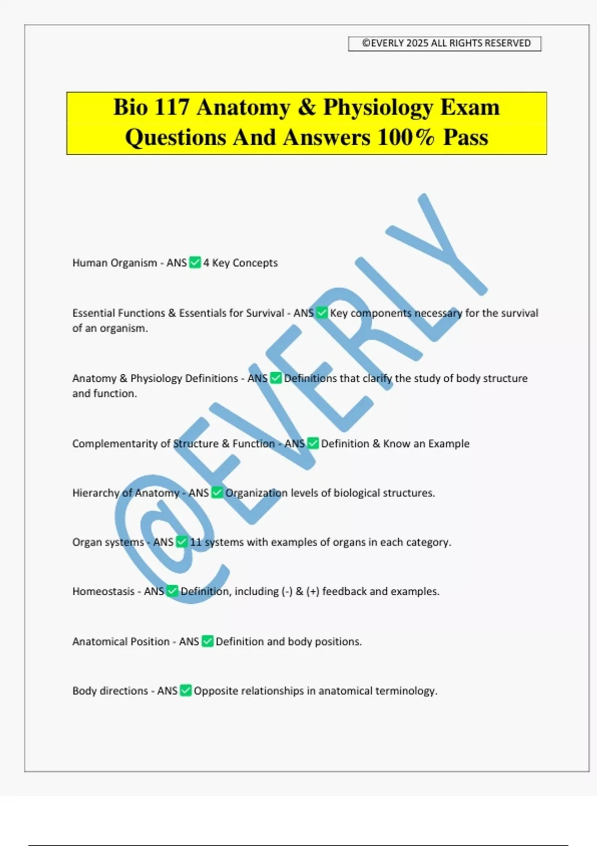 Bio 117 Anatomy & Physiology Exam Questions And Answers 100% Pass - Bio ...