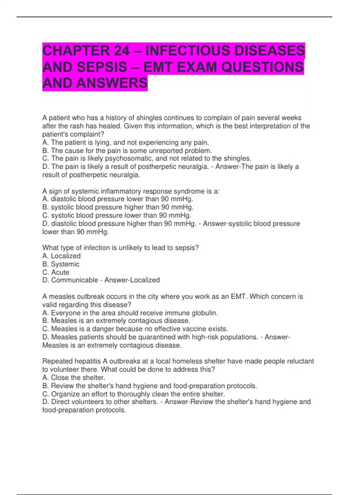 CHAPTER 24 – INFECTIOUS DISEASES AND SEPSIS – EMT EXAM QUESTIONS AND ...