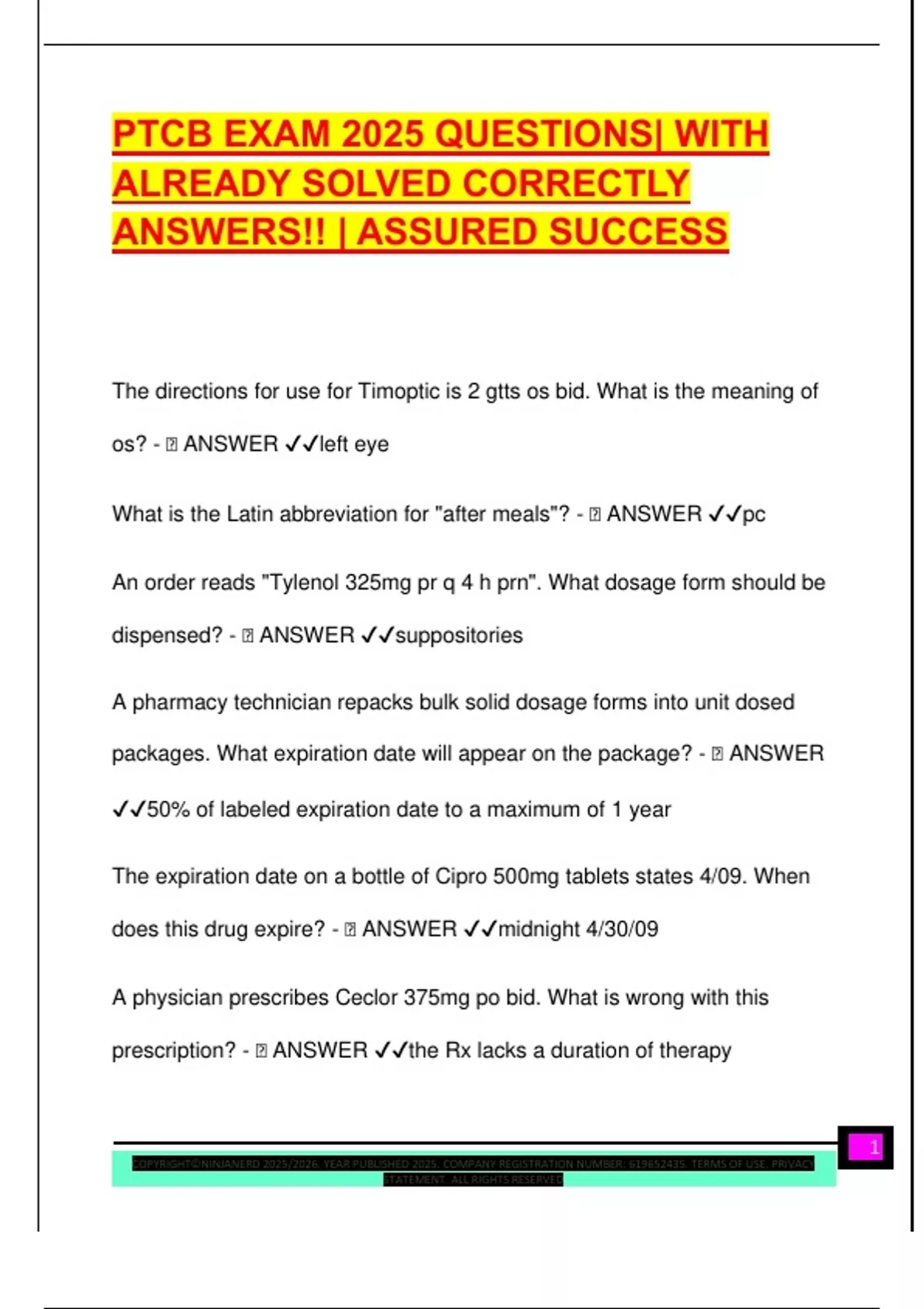 PTCB EXAM 2025 QUESTIONS| WITH ALREADY SOLVED CORRECTLY ANSWERS ...