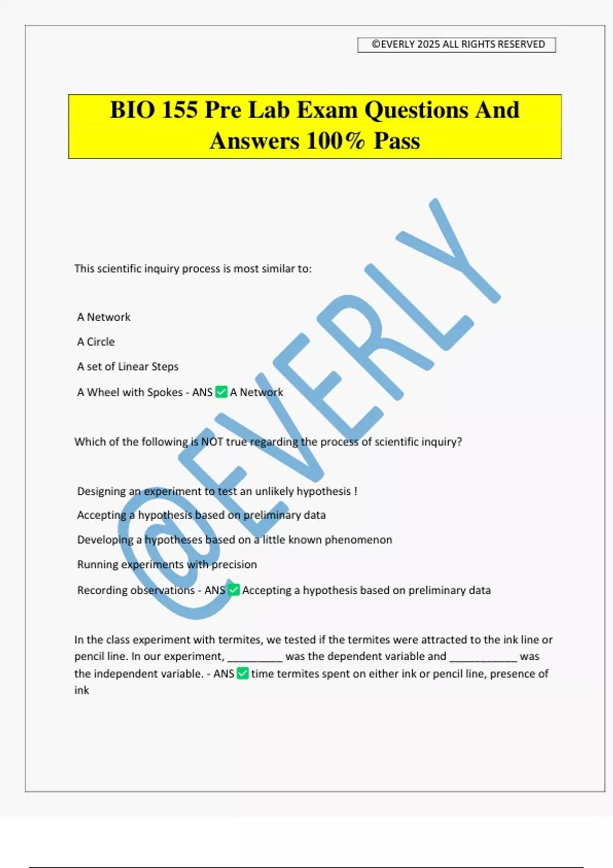BIO 155 Pre Lab Exam Questions And Answers 100% Pass - BIO 155 - Stuvia US