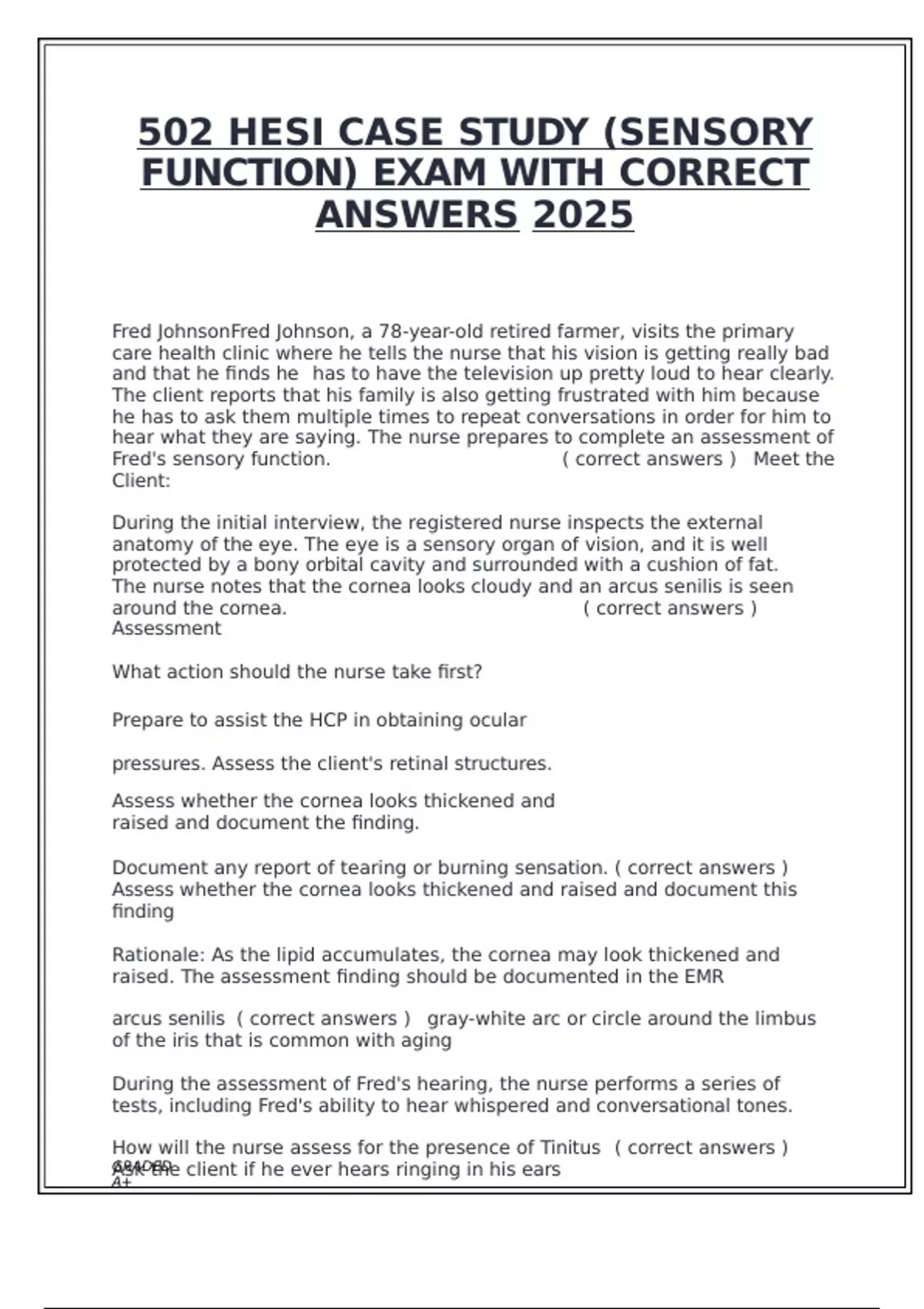 502 HESI CASE STUDY (SENSORY FUNCTION) EXAM WITH CORRECT ANSWERS 2025 - 502 HESI CASE STUDY ...