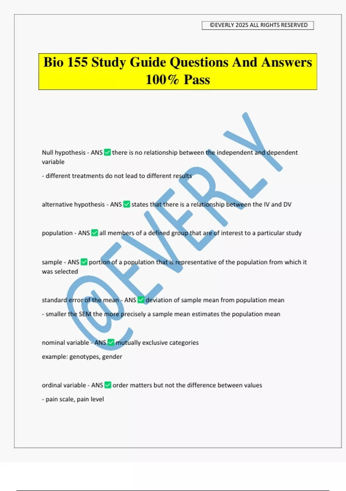 Bio 155 Study Guide Questions And Answers 100% Pass - BIO 155 - Stuvia US