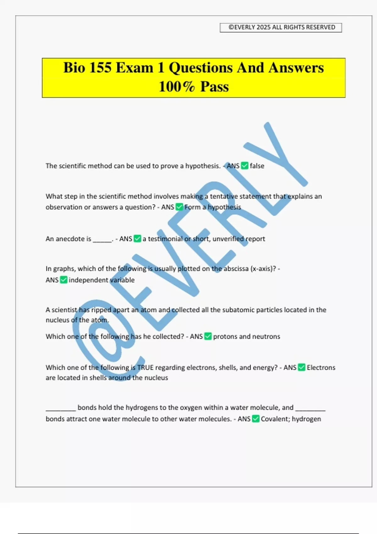 Bio 155 Exam 1 Questions And Answers 100% Pass - BIO 155 - Stuvia US