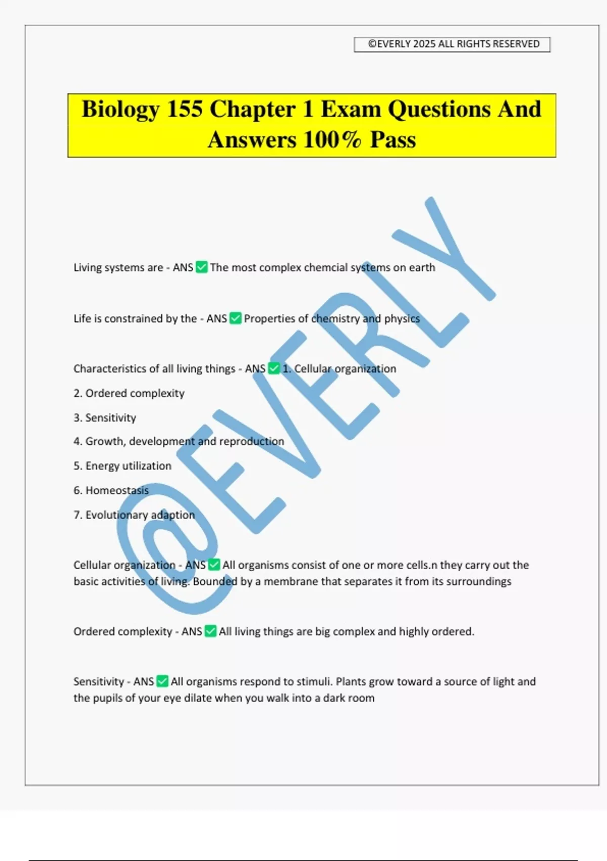 Biology 155 Chapter 1 Exam Questions And Answers 100% Pass - BIO 155 ...