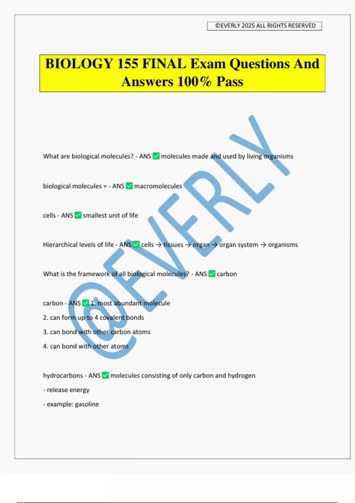 BIOLOGY 155 FINAL Exam Questions And Answers 100% Pass - BIO 155 - Stuvia US