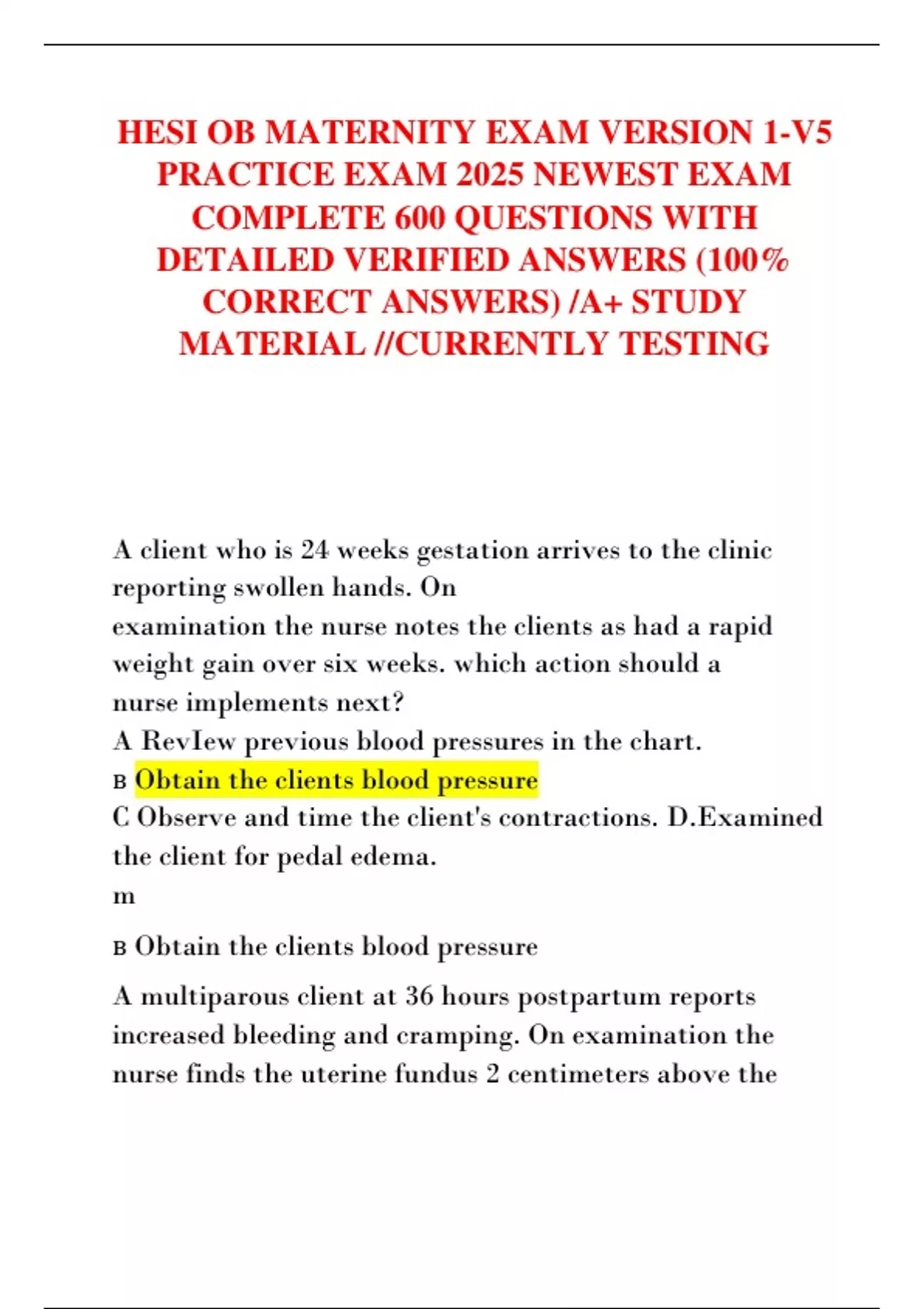 HESI OB MATERNITY EXAM VERSION 1-V5 PRACTICE EXAM 2025 NEWEST EXAM ...