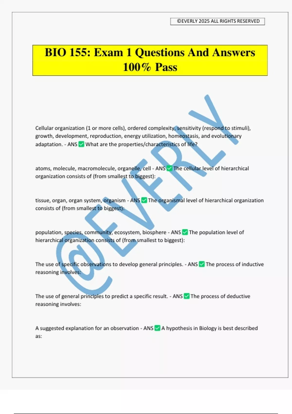 BIO 155: Exam 1 Questions And Answers 100% Pass - BIO 155 - Stuvia US