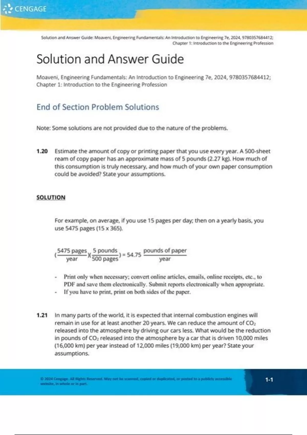 Summary Solutions Manual, Answers: Engineering Fundamentals, Moaveni ...