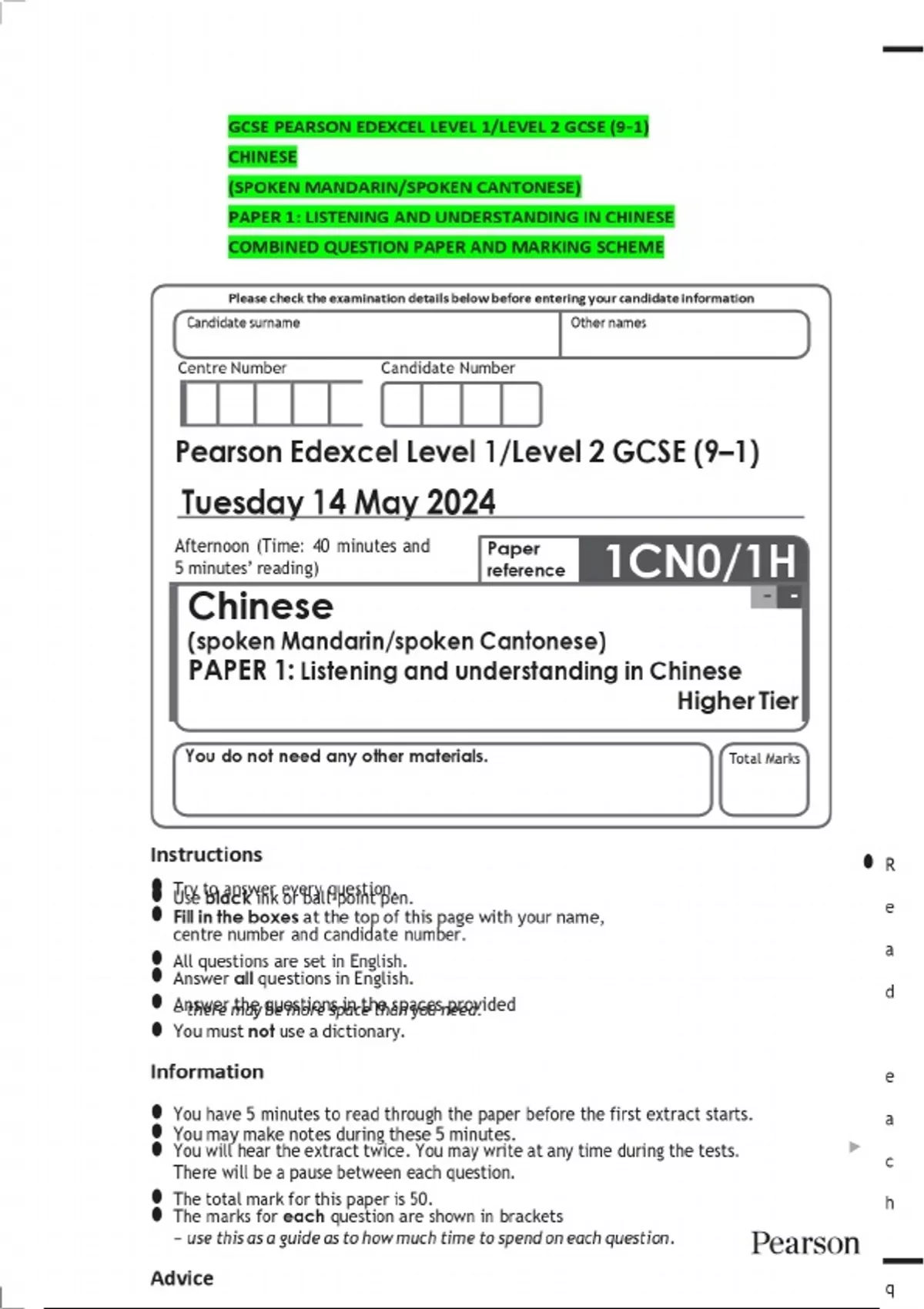 GCSE PEARSON EDEXCEL LEVEL 1/LEVEL 2 GCSE (9–1) CHINESE (SPOKEN ...