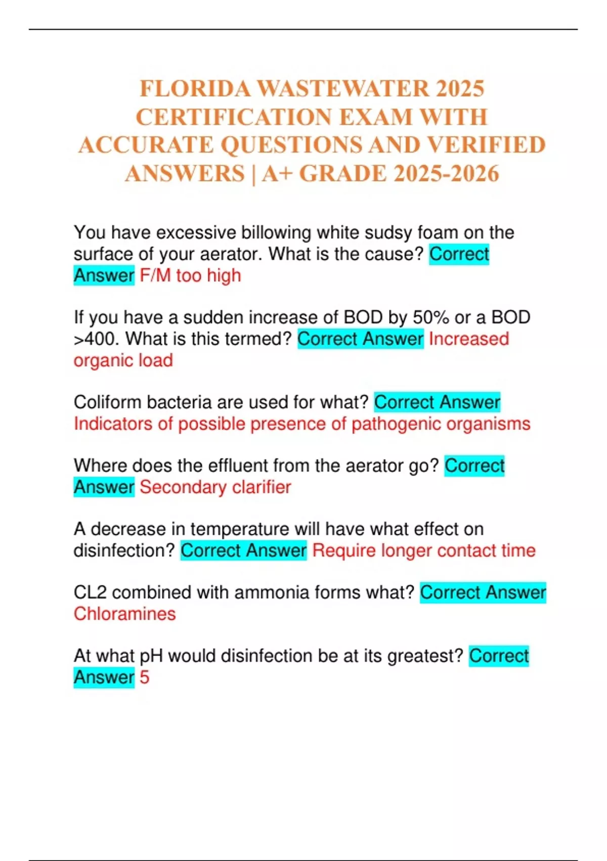 FLORIDA WASTEWATER 2025 CERTIFICATION EXAM WITH ACCURATE QUESTIONS AND ...
