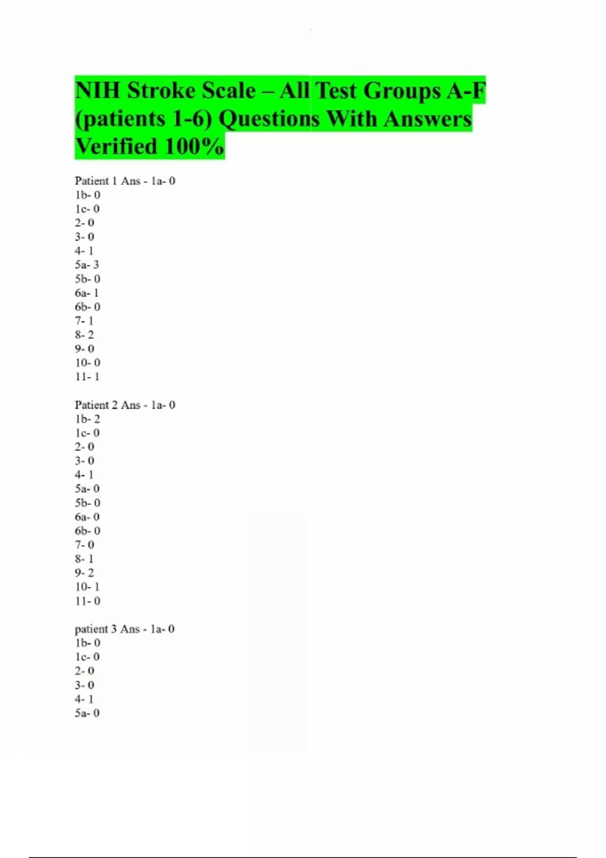 NIH Stroke Scale – All Test Groups A-F (patients 1-6) Questions With ...