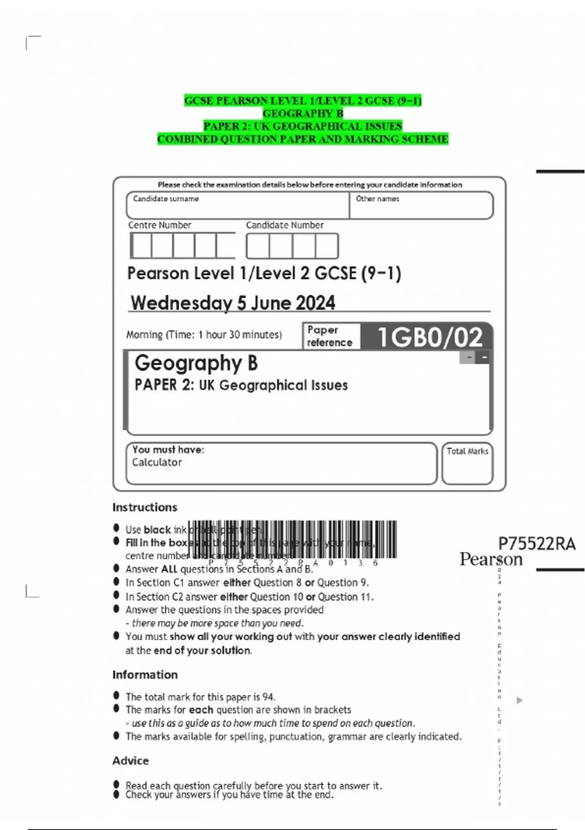 GCSE PEARSON LEVEL 1/LEVEL 2 GCSE (9−1) GEOGRAPHY B PAPER 2: UK ...