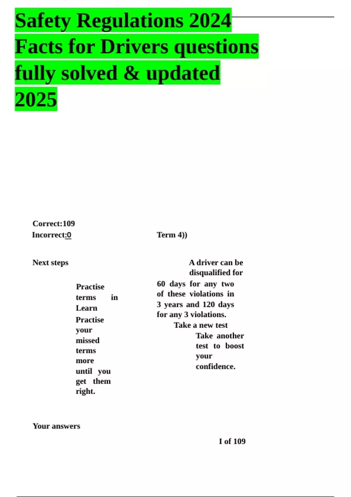 Safety Regulations 2024 | Facts for Drivers questions |fully solved ...