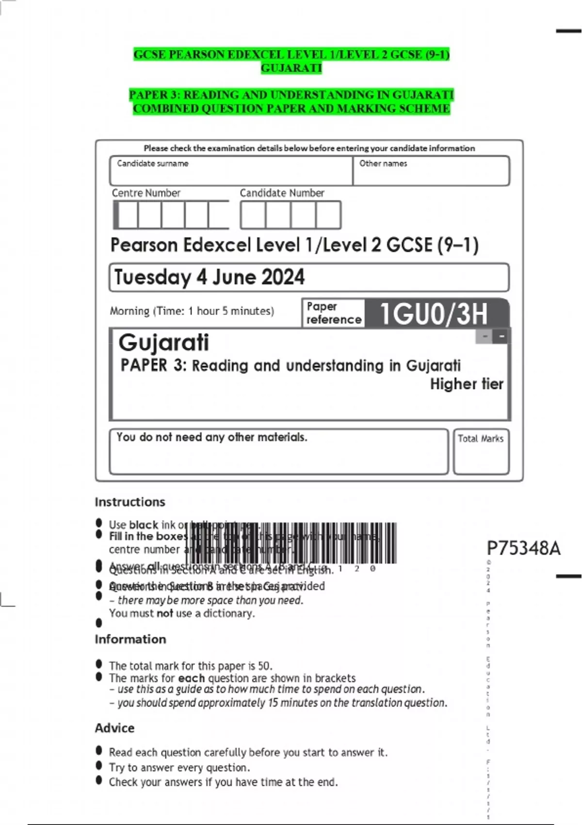 GCSE PEARSON EDEXCEL LEVEL 1/LEVEL 2 GCSE (9–1) GUJARATI PAPER 3 ...