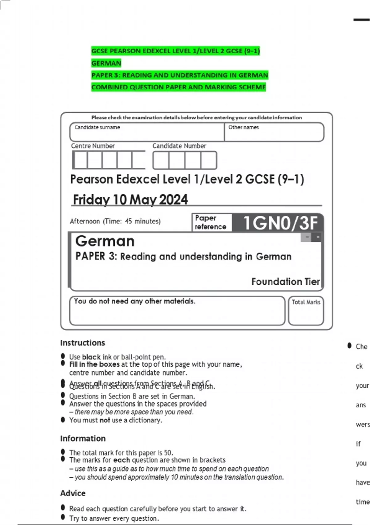 GCSE PEARSON EDEXCEL LEVEL 1/LEVEL 2 GCSE (9–1) GERMAN PAPER 3: READING ...