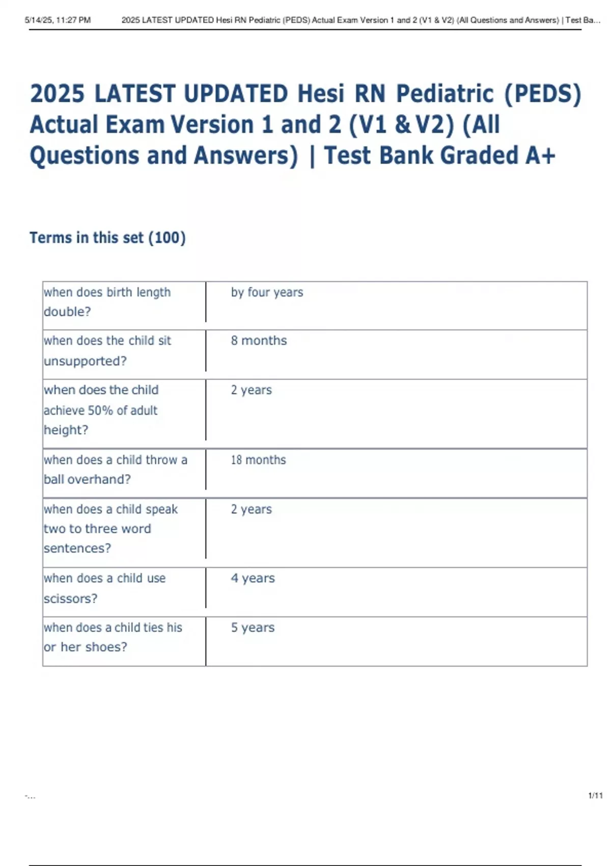 2025 LATEST UPDATED Hesi RN Pediatric (PEDS) Actual Exam Version 1 and ...