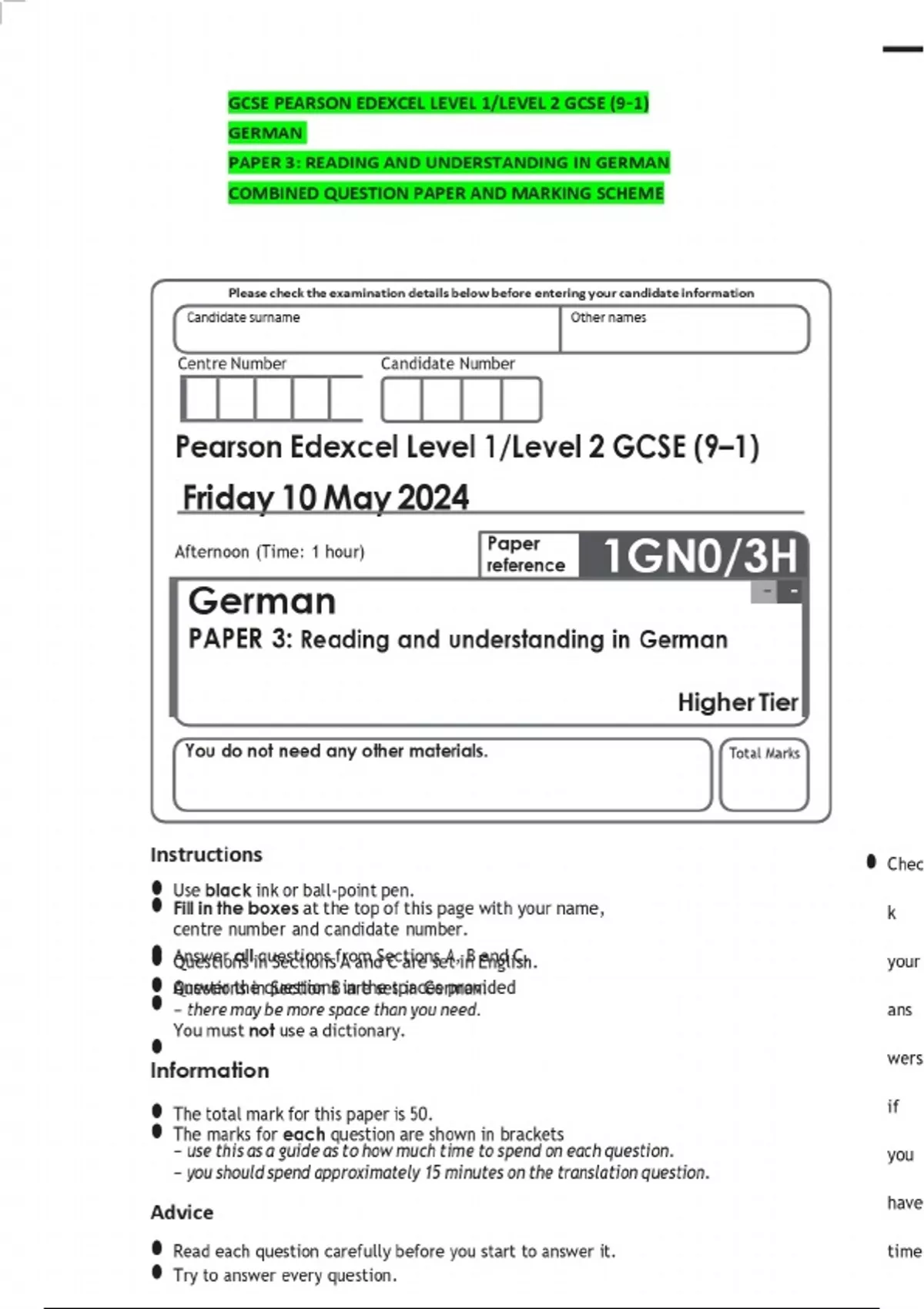 GCSE PEARSON EDEXCEL LEVEL 1/LEVEL 2 GCSE (9–1) GERMAN PAPER 3: READING ...