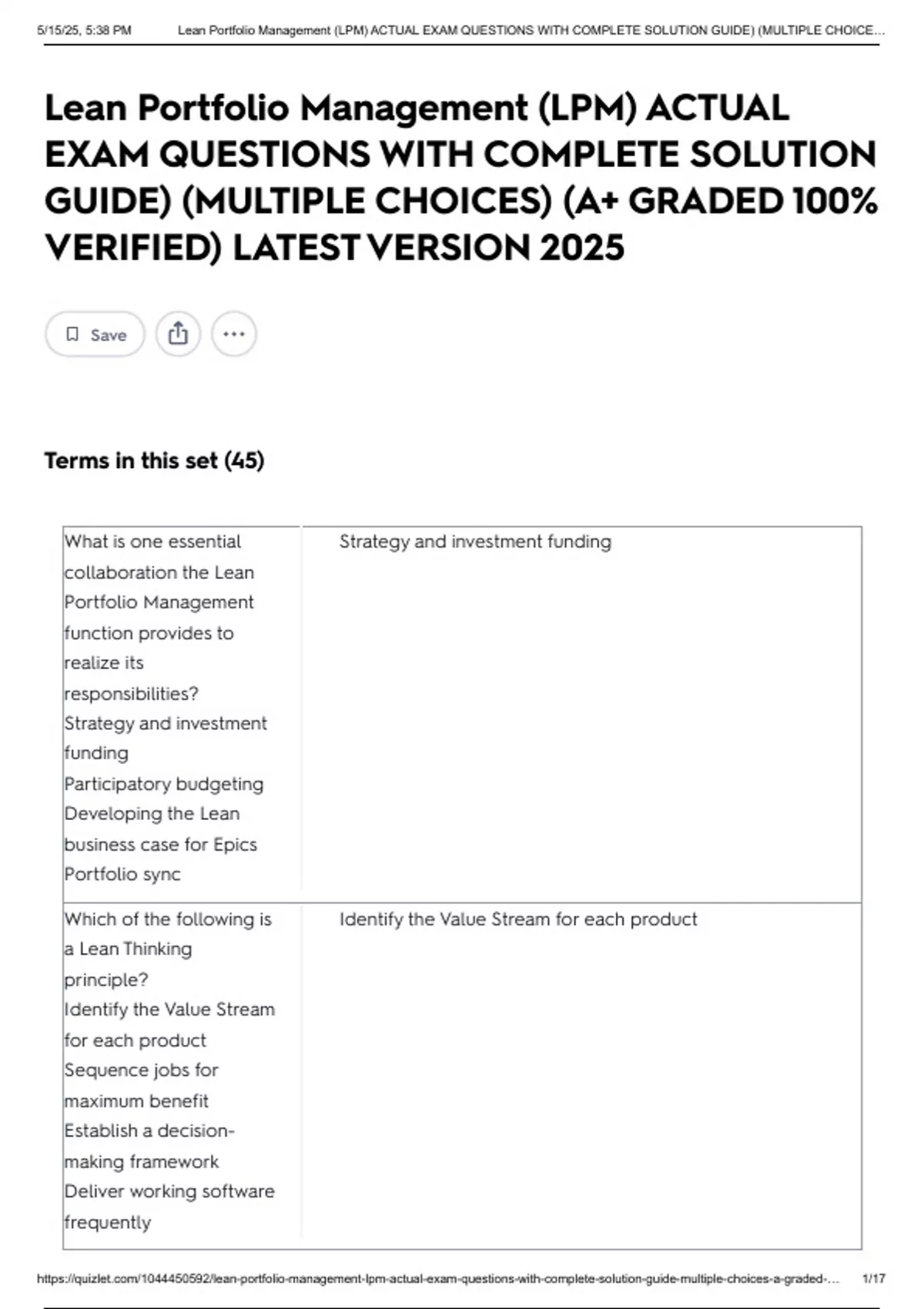 Lean Portfolio Management (LPM) ACTUAL EXAM QUESTIONS WITH COMPLETE ...