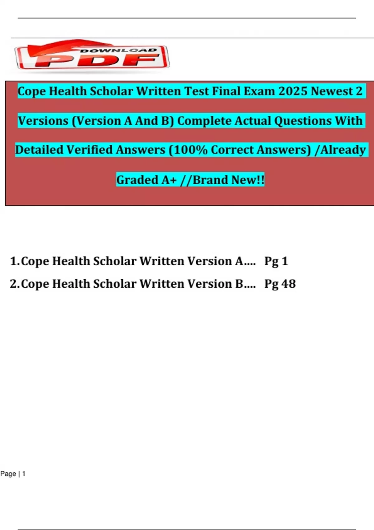 Cope Health Scholar Written Test Final Exam 2025 Newest 2 Versions ...