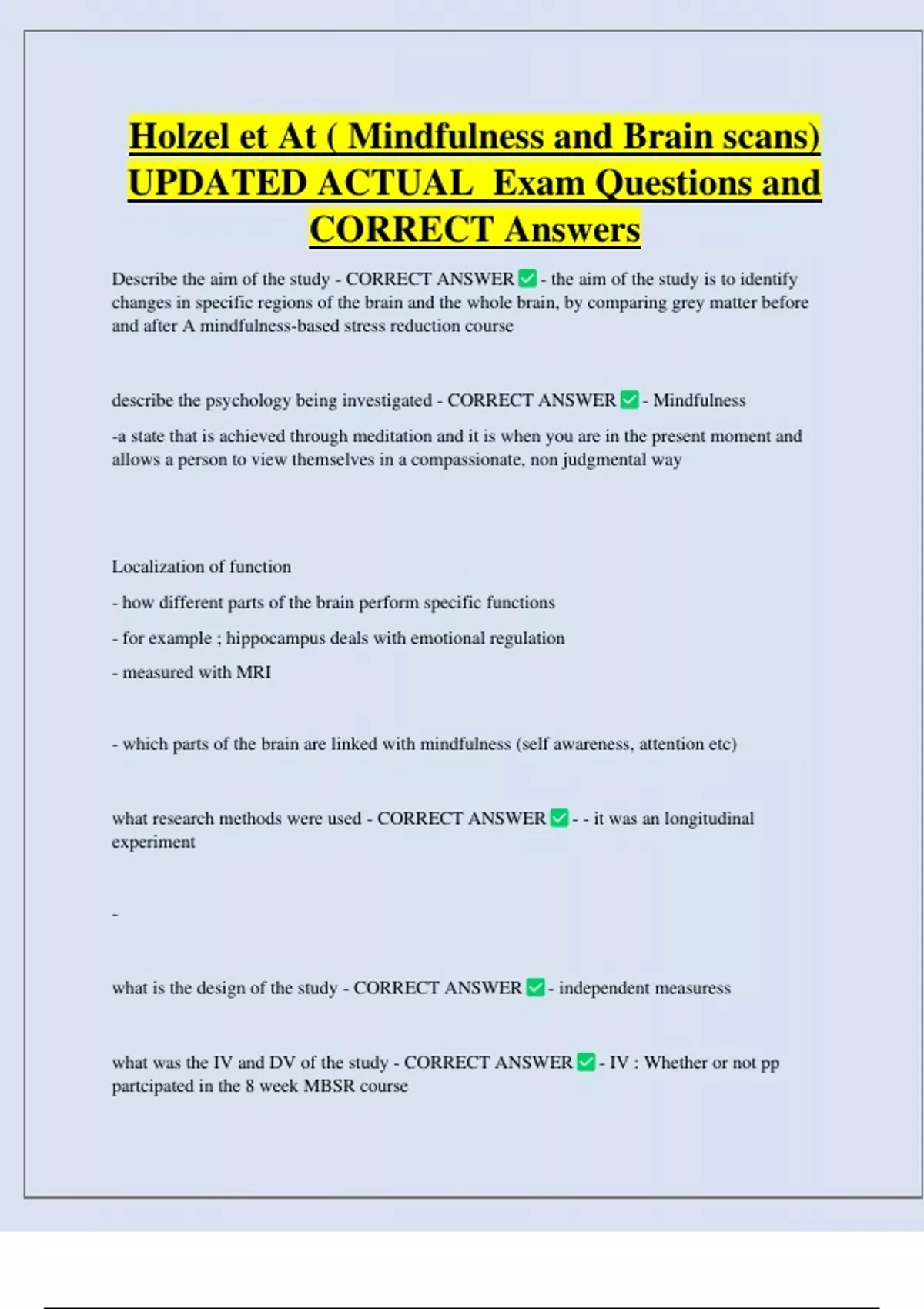 Holzel et At ( Mindfulness and Brain scans) UPDATED ACTUAL Exam ...