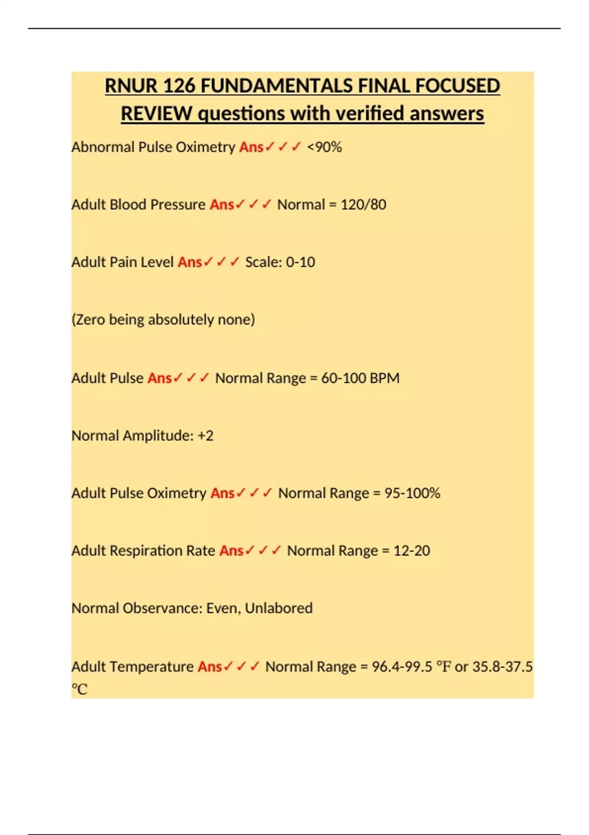 RNUR 126 – Fundamentals Final Focused Review – Verified Q&A on Vital ...