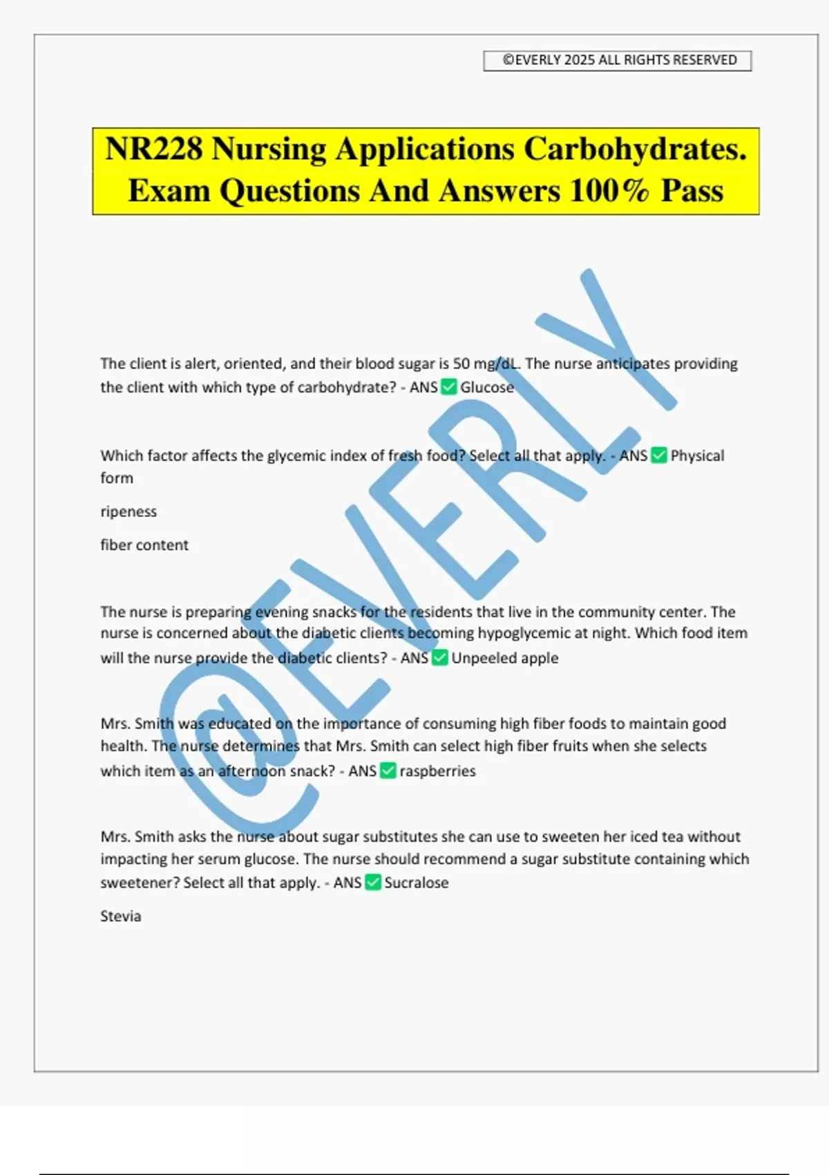 NR228 Nursing Applications Carbohydrates. Exam Questions And Answers ...
