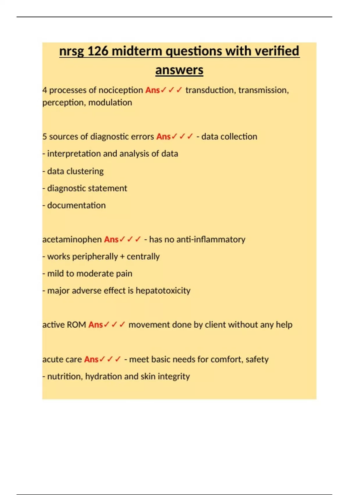 NRSG 126 – Midterm Review Guide with Verified Answers (Pain, Aging, Mobility, Infection Control ...