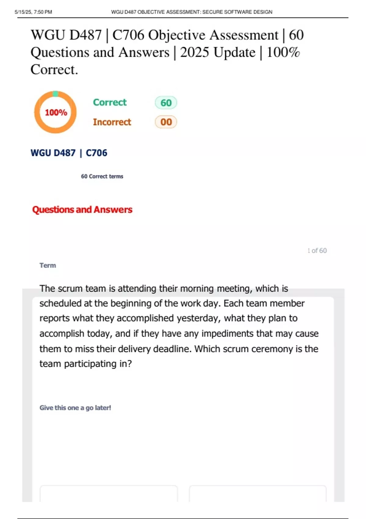 WGU D487 | C706 Objective Assessment | 60 Questions and Answers | 2025 ...