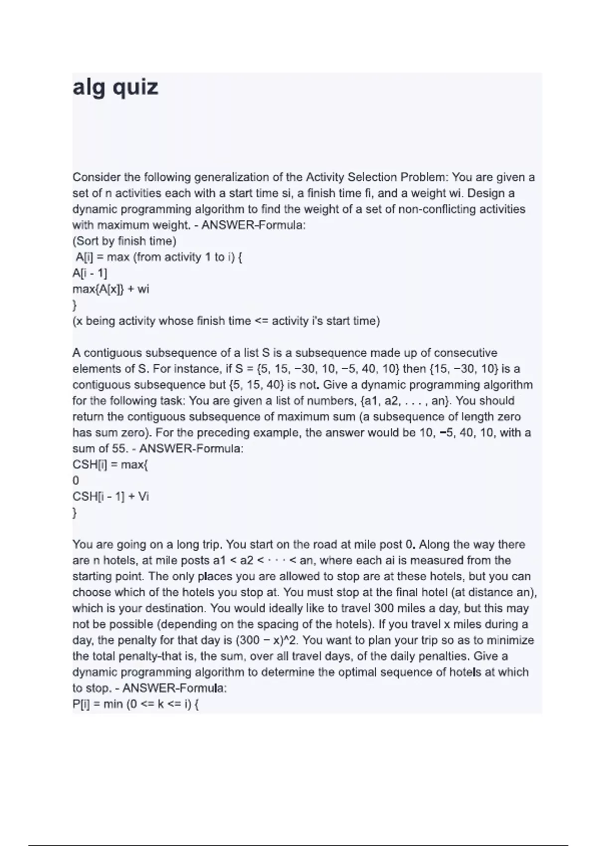 alg quiz questions and answers - Algorithms - Stuvia US