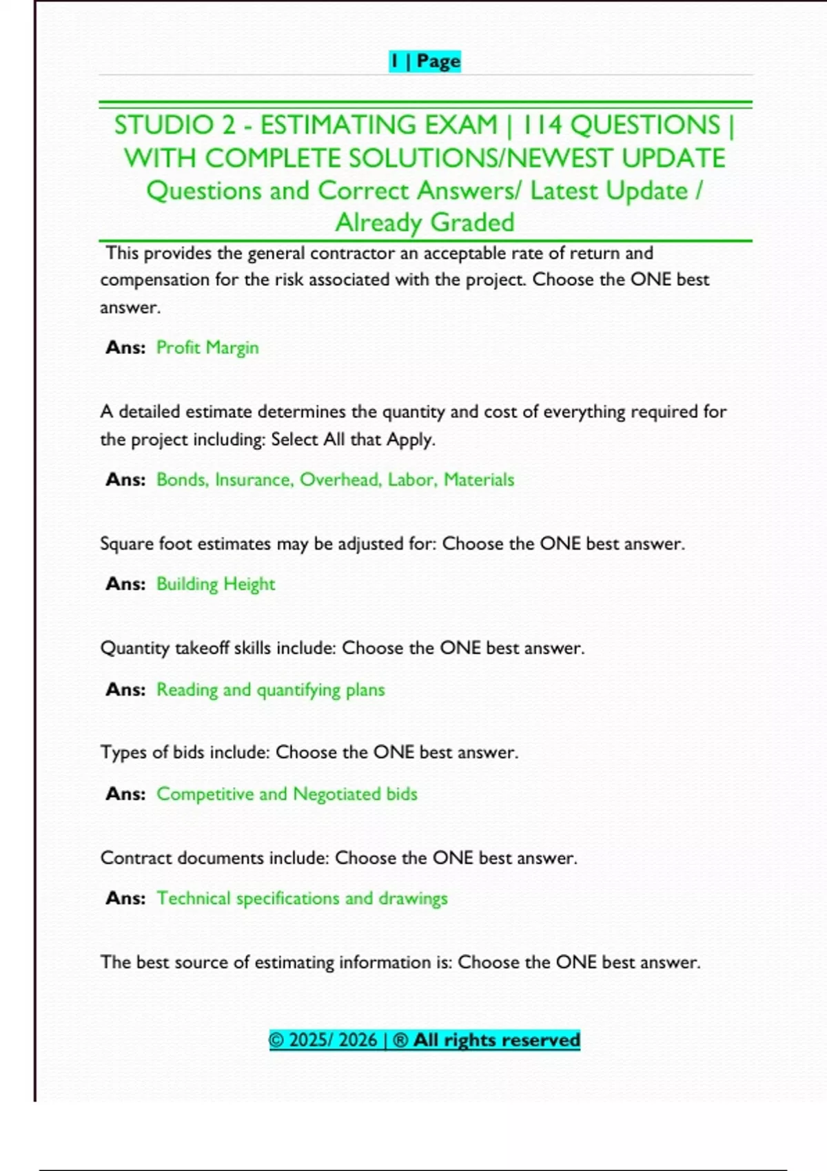 Studio 2 | Estimating Exam | 114 Questions with Complete Solutions ...