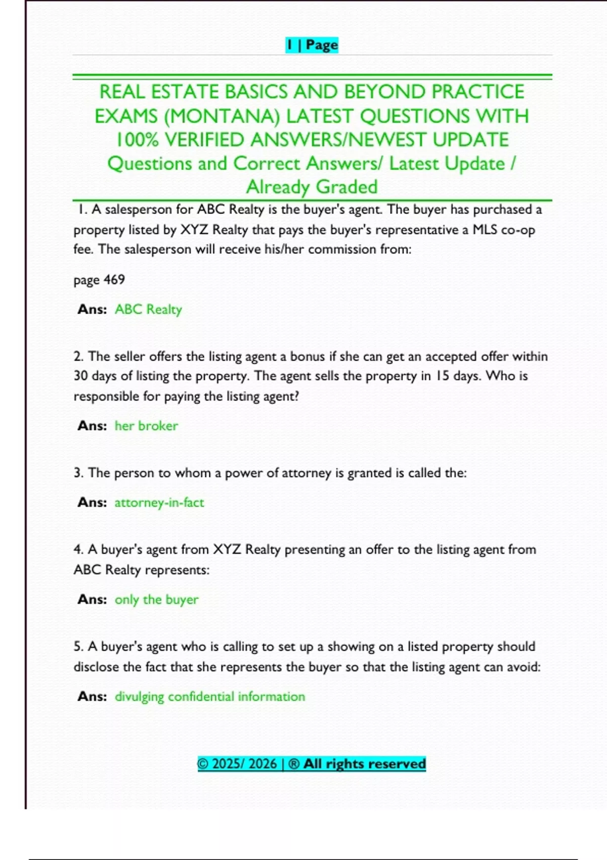 Real Estate Basics and Beyond (Montana) | Practice Exams with 100% Verified Answers | 2025–2026 ...