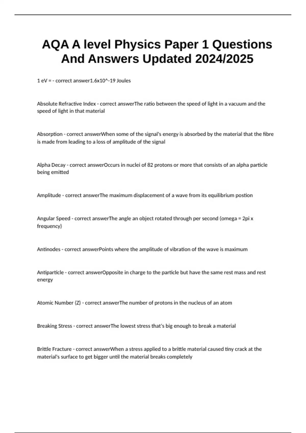AQA A level Physics Paper 1 Questions And Answers Updated 2024/2025 - AQA A level Physics ...