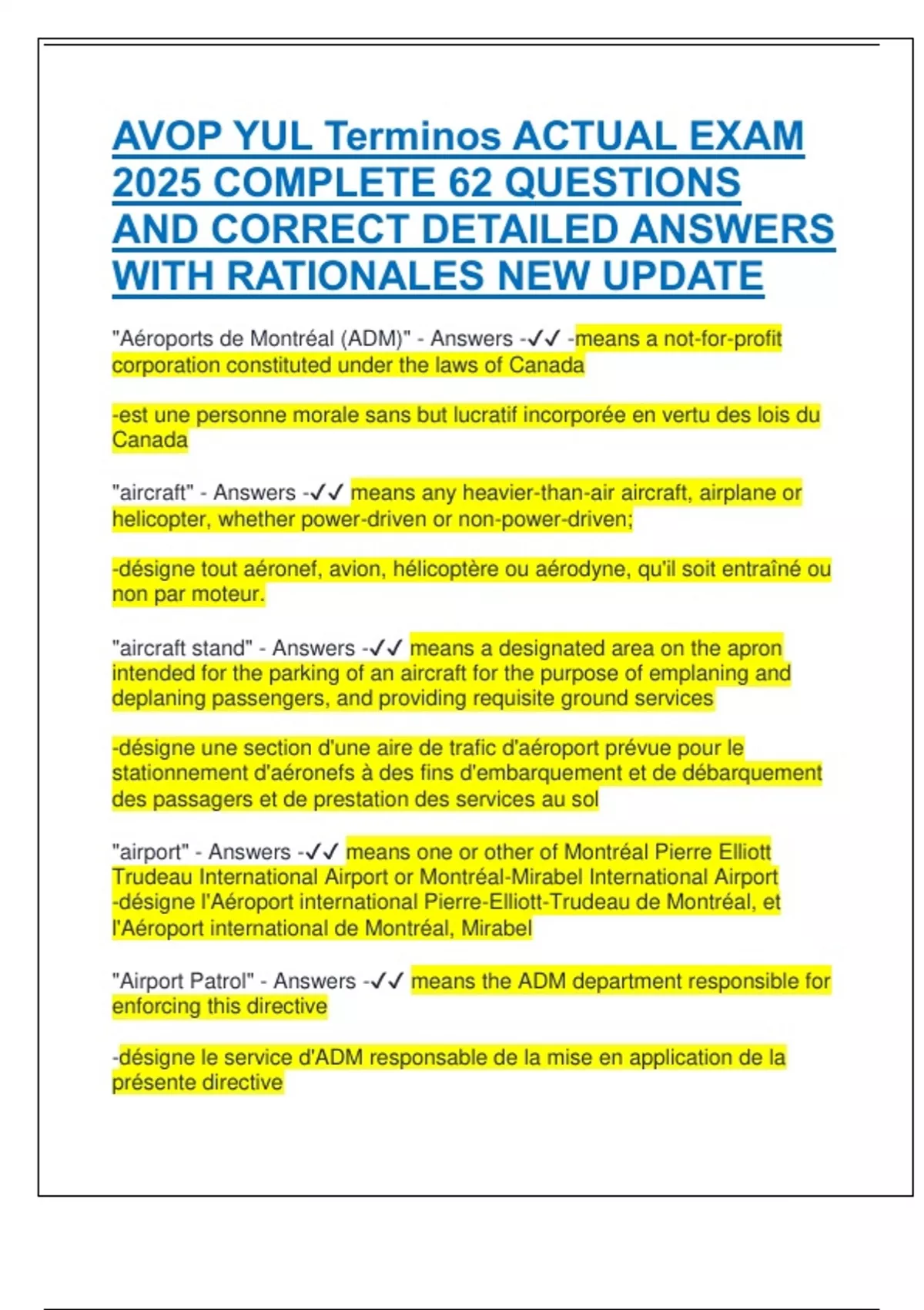 AVOP YUL Terminos ACTUAL EXAM 2025 COMPLETE QUESTIONS AND CORRECT ...