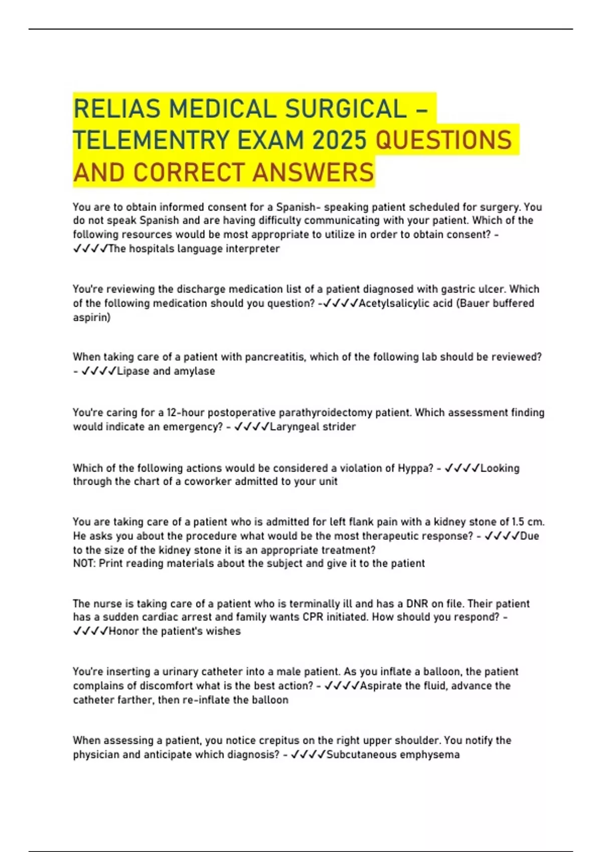 RELIAS MEDICAL SURGICAL – TELEMENTRY EXAM 2025 QUESTIONS AND CORRECT ...