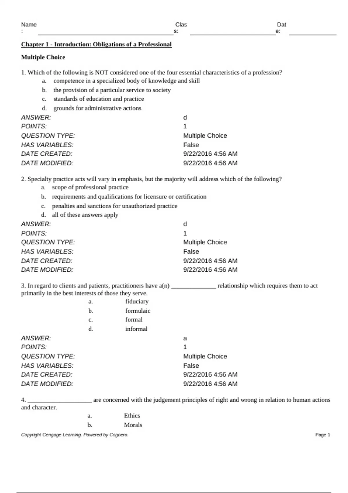 Test Bank, Questions: Ethics of Health Care A Guide for Clinical ...