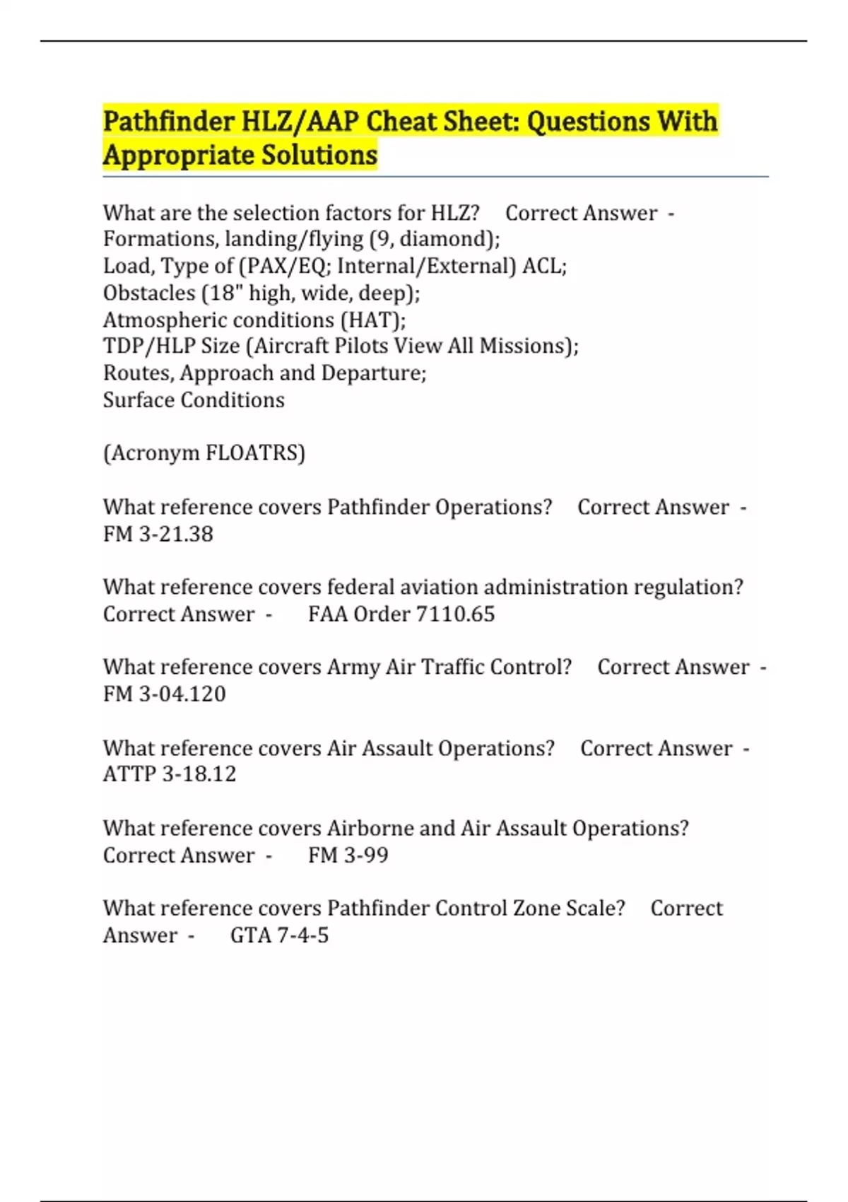 Pathfinder HLZ/AAP Cheat Sheet: Questions With Appropriate Solutions ...