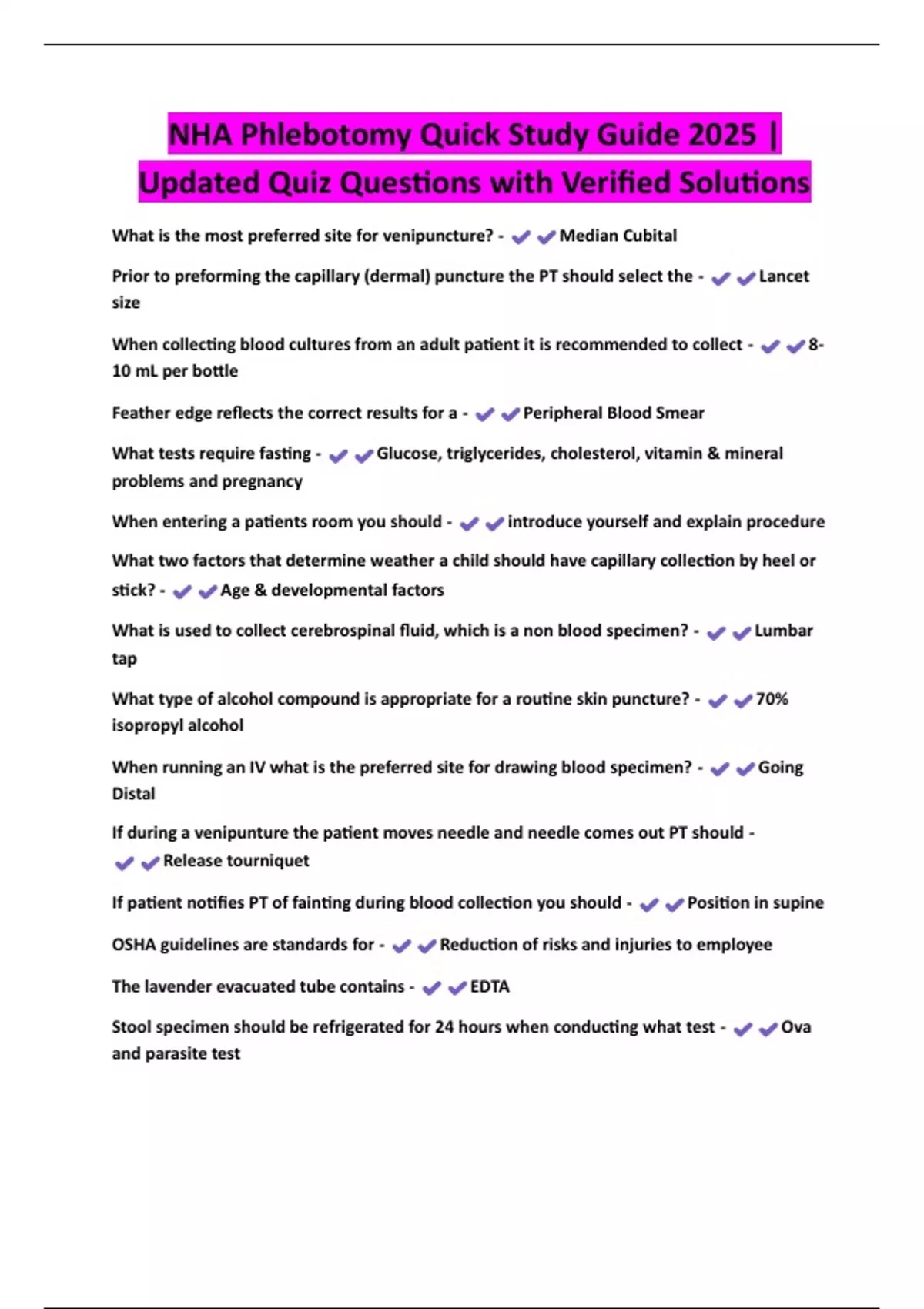 NHA Phlebotomy Quick Study Guide 2025 | Updated Quiz Questions with ...
