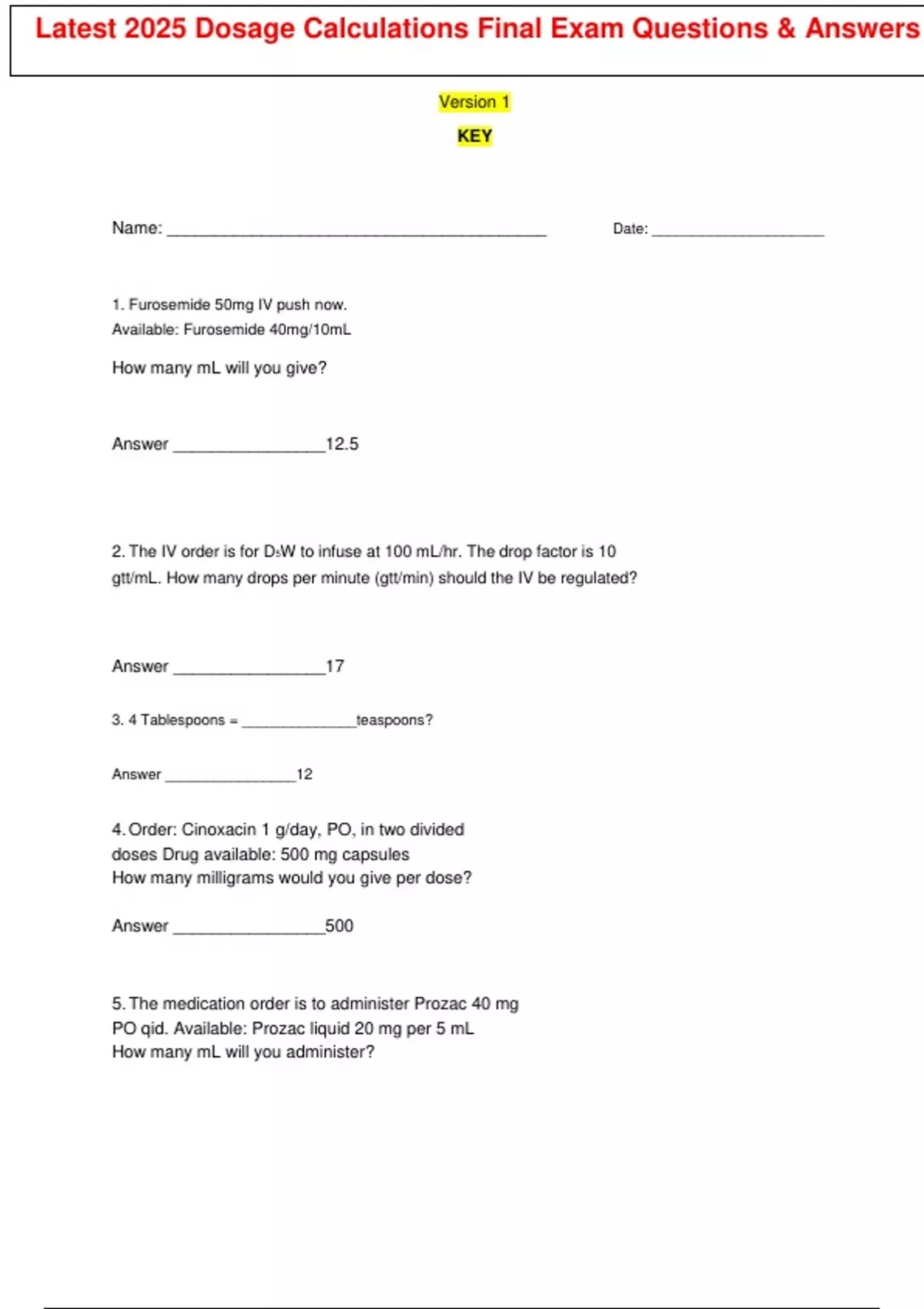 Latest 2025 Dosage Calculations Final Exam Questions & Answers - 2025 ...