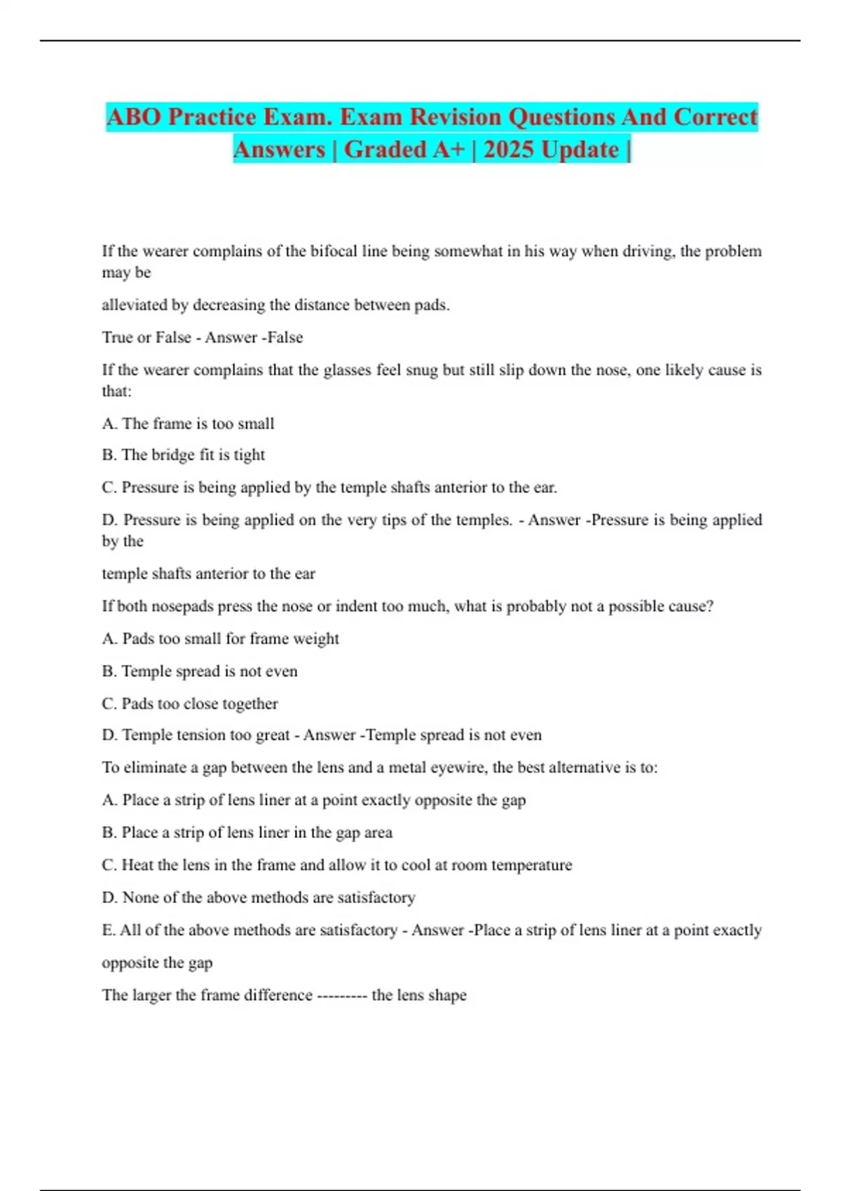 ABO Practice Exam. Exam Revision Questions And Correct Answers | Graded ...