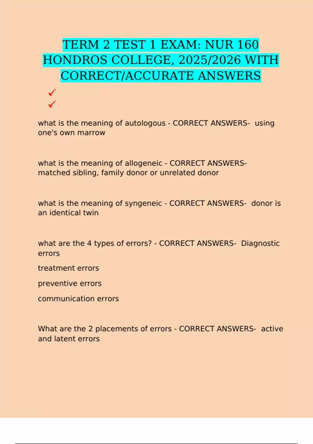 TERM 2 TEST 1 EXAM: NUR 160 HONDROS COLLEGE, 2025/2026 WITH CORRECT ...