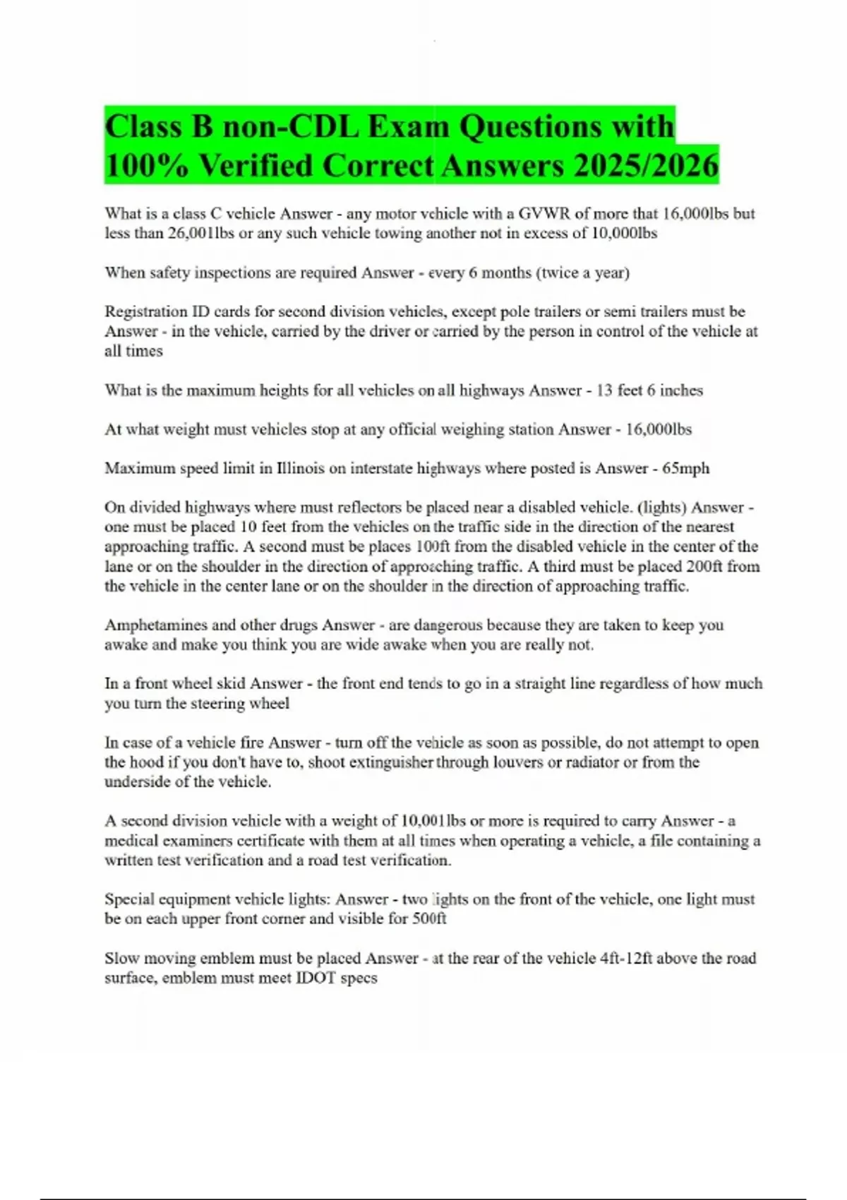 Class B non-CDL Exam Questions with 100% Verified Correct Answers 2025/ ...