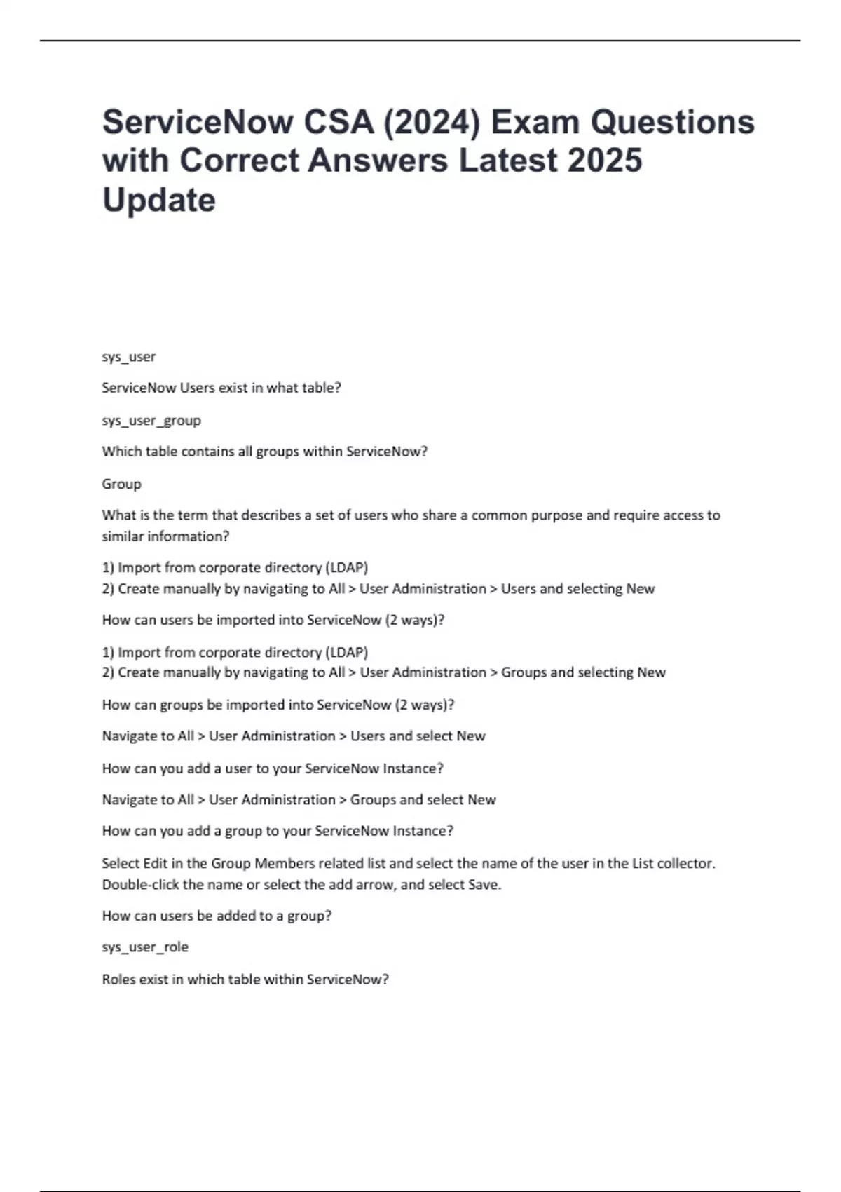 ServiceNow CSA (2024) Exam Questions with Correct Answers Latest 2025 ...